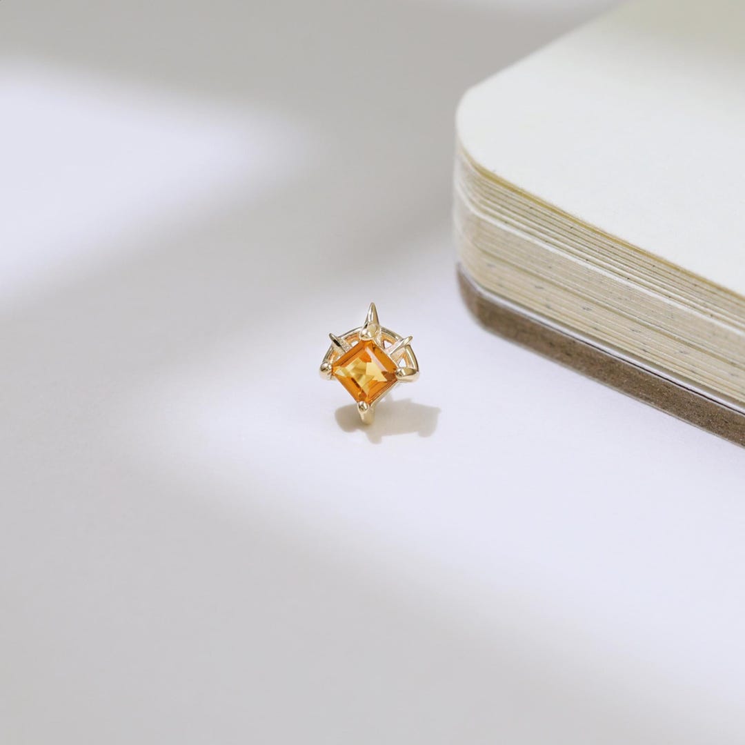 14K Solid Gold Citrine Shield Push Back Stud Earring Birthstone Spike ...