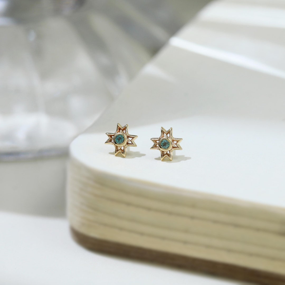 Solid 14K Gold Alexandrite Stud Earringspike Cross Gemstone Cartilage ...