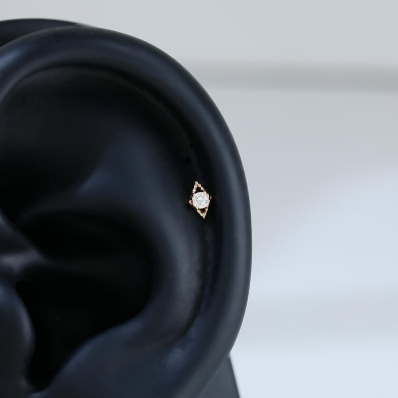 Solid 14K Gold Diamond Rhombus Hollow Out Earring Tiny Diamond Evil Eye ...