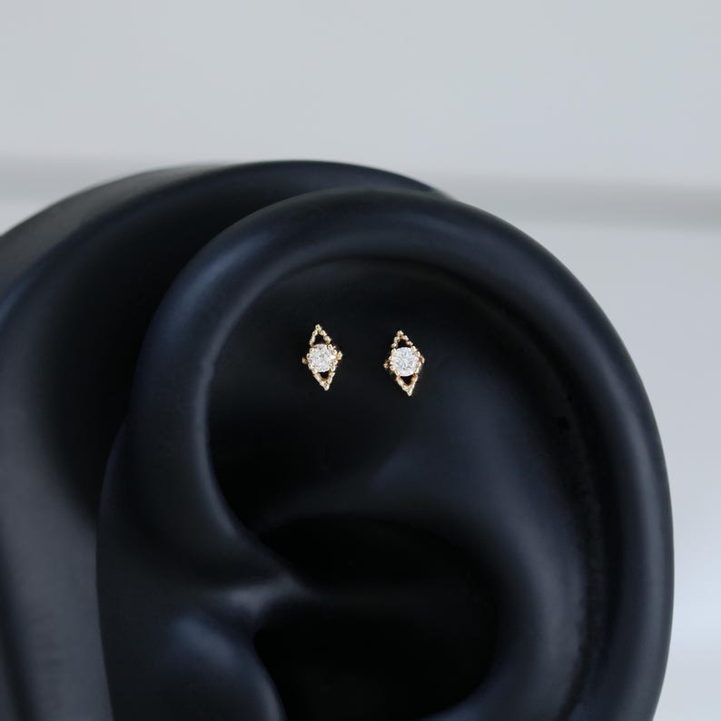 Solid 14K Gold Diamond Rhombus Hollow Out Earring Tiny Diamond Evil Eye ...
