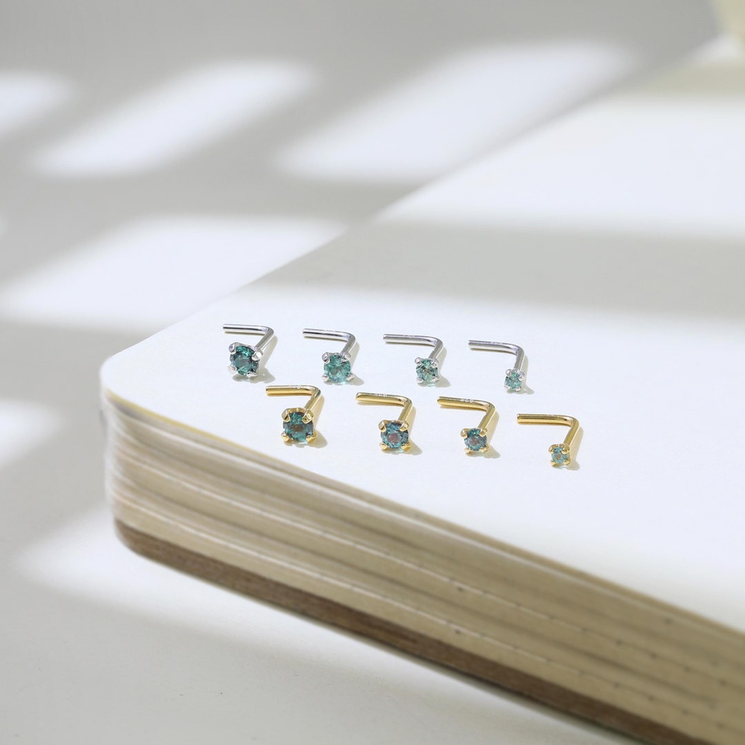 Silver Alexandrite L-shaped Multiple Size Nose Stud Gold Plated Round ...