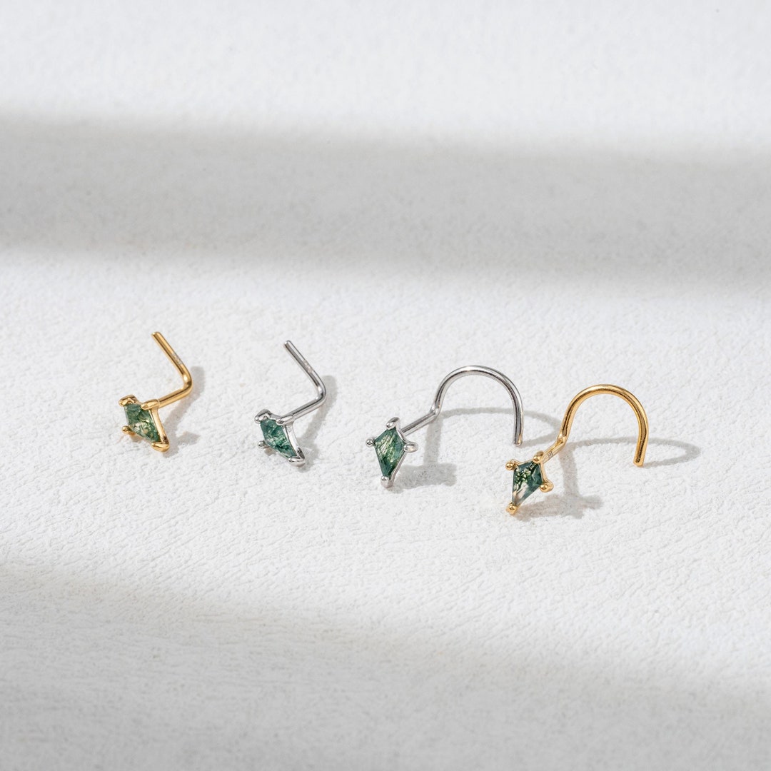 Moss Agate L-shaped Nose Ring S-shaped Nose Stud Silver Kite Gemstone ...
