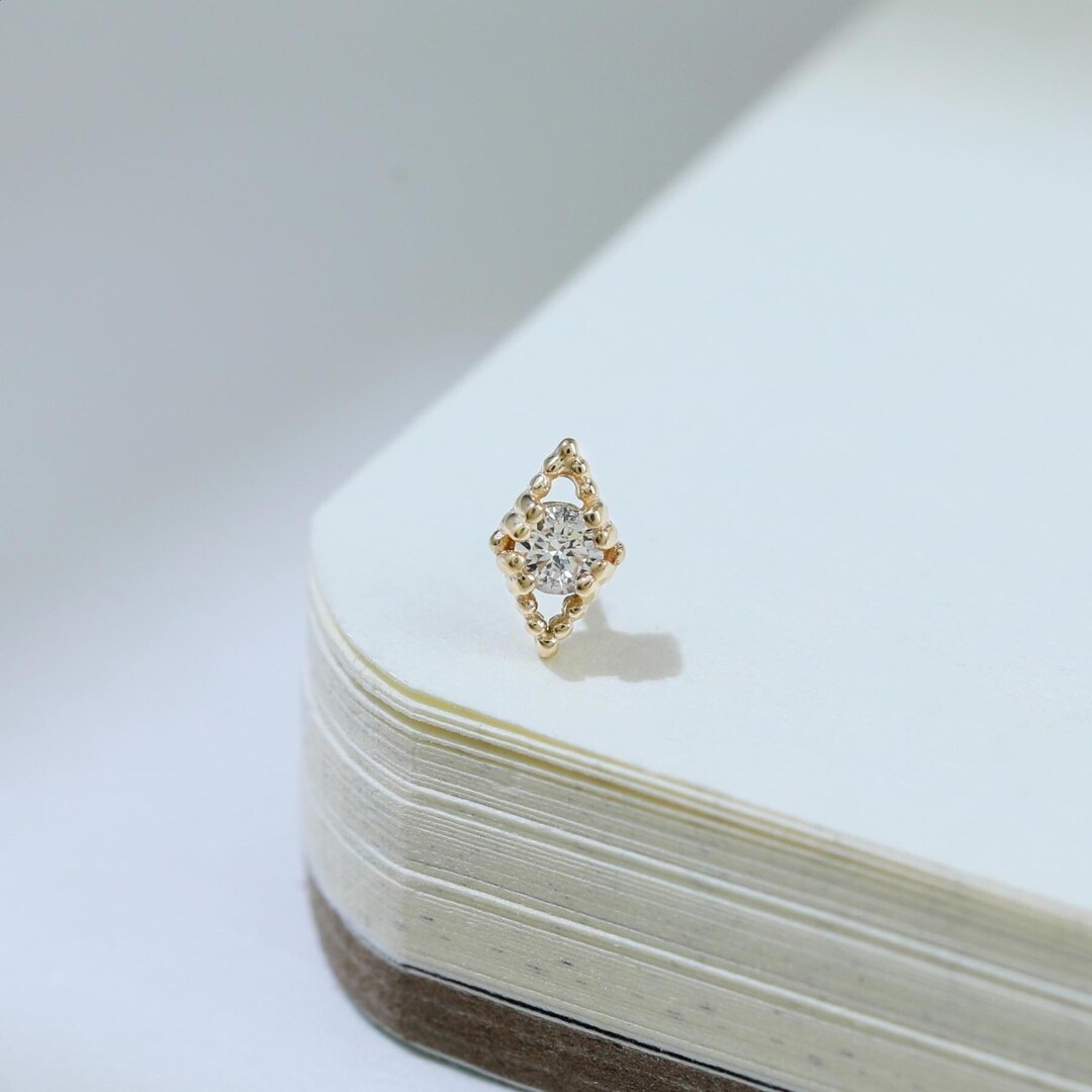 Solid 14K Gold Diamond Rhombus Hollow Out Earring Tiny Diamond Evil Eye ...