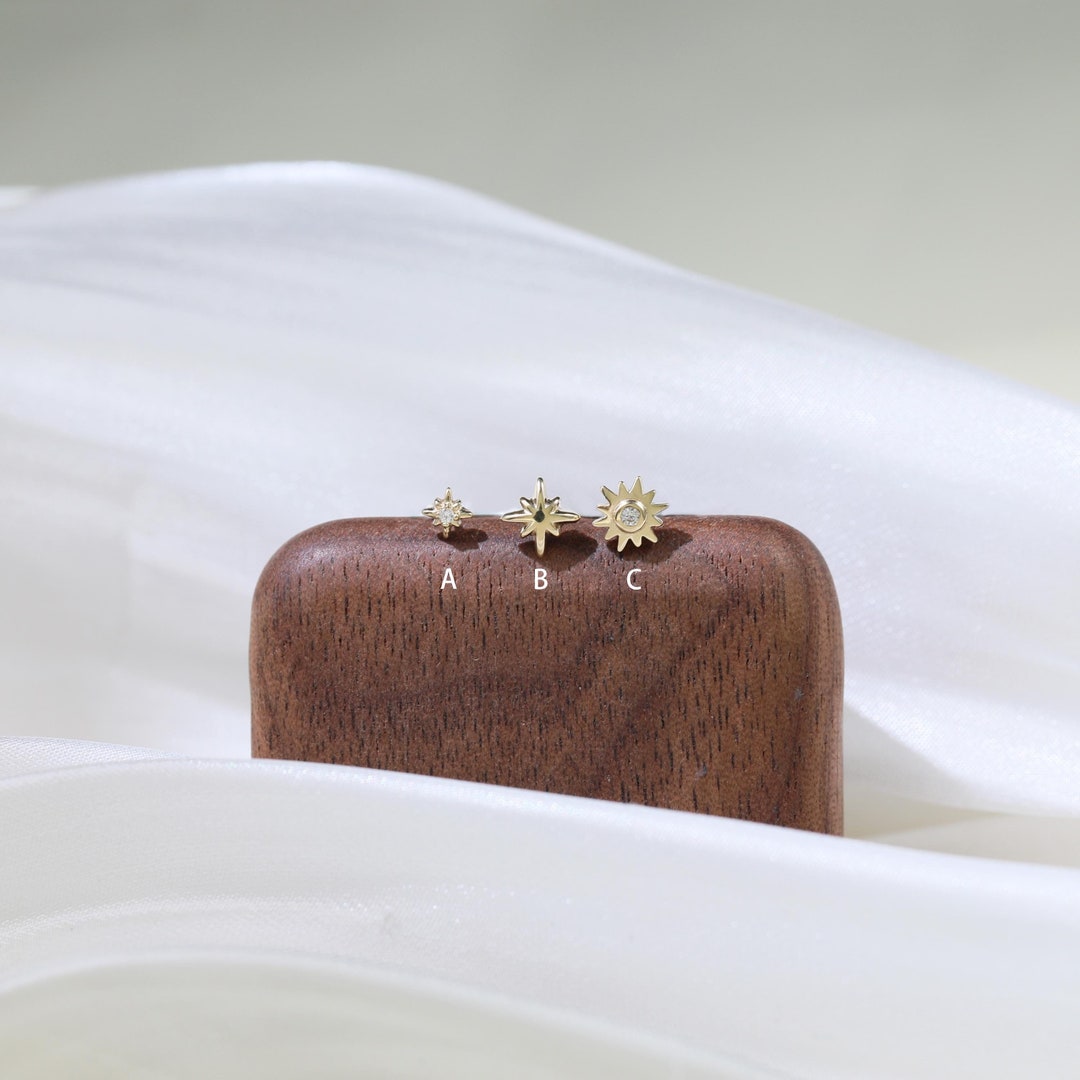 14K Solid Gold Sun & Star Earring Sunburst Starburst Stud Cartilage ...
