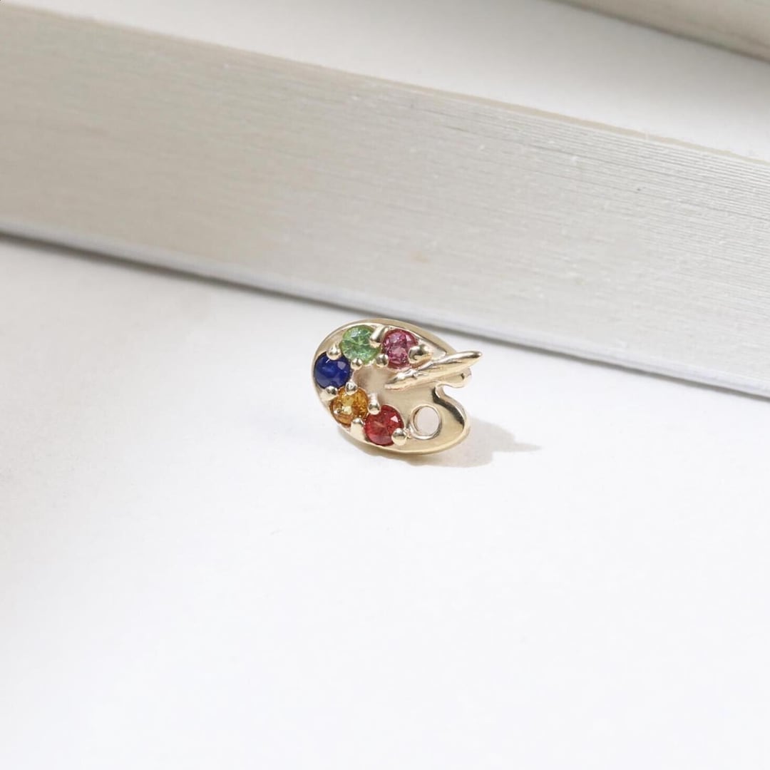 14K Solid Gold Paint Palette Earring Multiple Color Gemstone Artist's ...