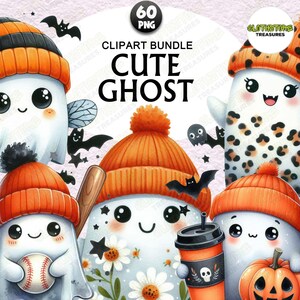 60 Watercolor Cute Ghost Clipart Bundle, Cute Ghost Clipart, Pumpkin ...