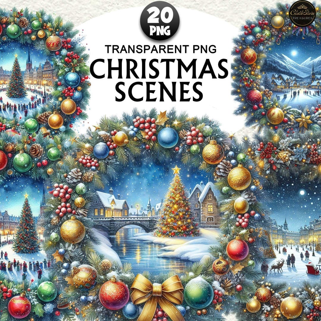 20 Watercolor Christmas Scenes Clipart, Christmas Landscapes Png Bundle ...