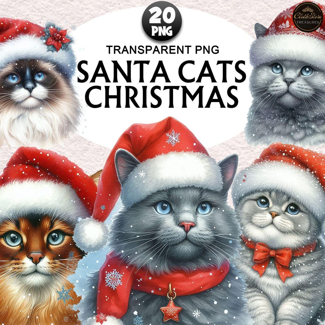 20 Watercolor Pet Santa Clipart, Cat Christmas Png Bundle, Cat Santa ...