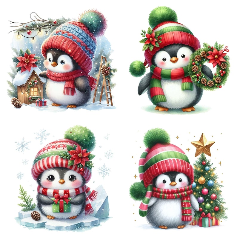 10 Watercolor Winter Penguin Clipart, Christmas Penguin Png Bundle ...