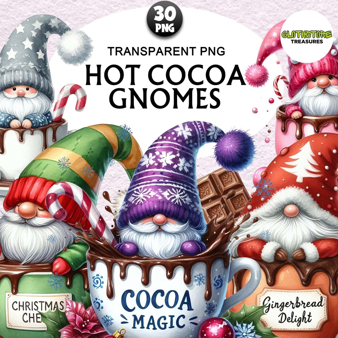 30 Watercolor Hot Cocoa Gnomes Clipart, Christmas Gnomes Png Bundle ...