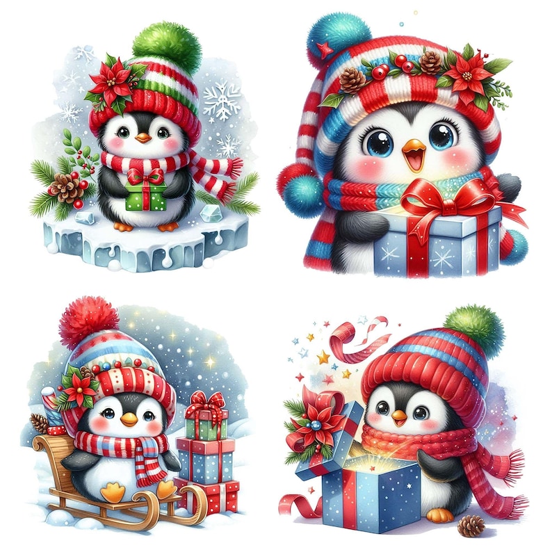 10 Watercolor Winter Penguin Clipart, Christmas Penguin Png Bundle ...