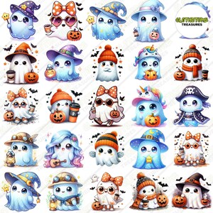 60 Watercolor Cute Ghost Clipart Bundle, Cute Ghost Clipart, Pumpkin ...