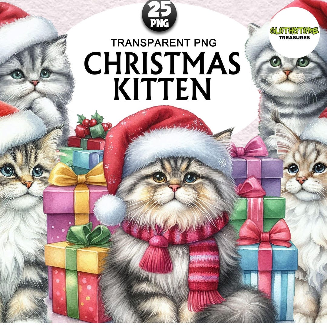 25 Watercolor Christmas Kitten Clipart, Cute Christmas Kitten Png ...