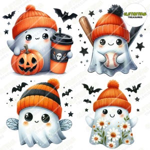 60 Watercolor Cute Ghost Clipart Bundle, Cute Ghost Clipart, Pumpkin ...