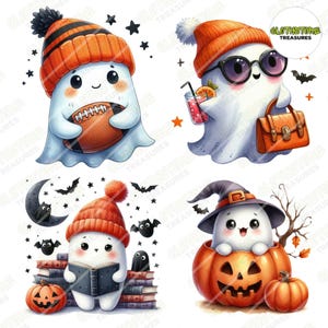 60 Watercolor Cute Ghost Clipart Bundle, Cute Ghost Clipart, Pumpkin ...