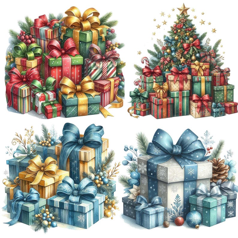 20 Watercolor Christmas Presents Clipart, Christmas Gifts Png Bundle ...