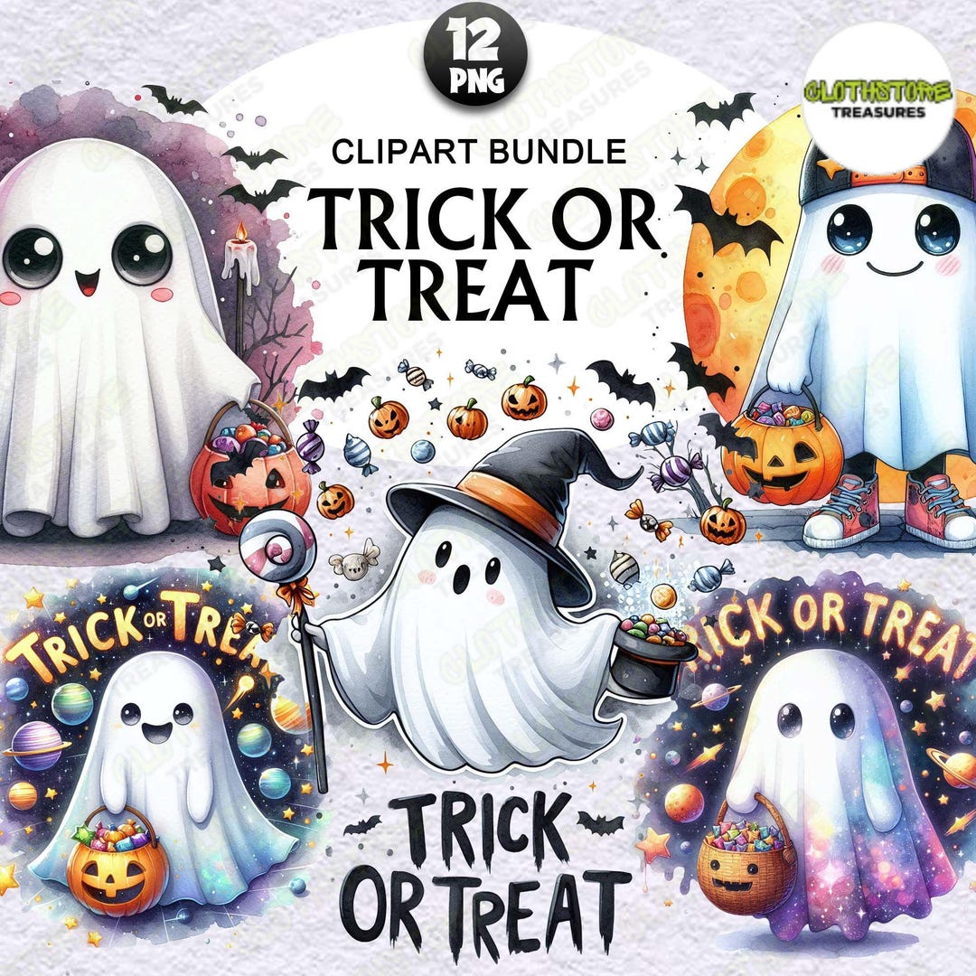 10 Trick or Treat Clipart Bundle, Watercolor Halloween Ghost PNG, Cute ...