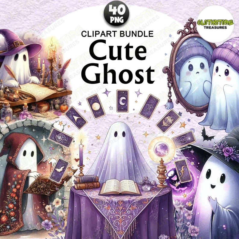 40 Cute Ghost Clipart PNG, Reading Spooky Eerie Vibe, Book Lover ...