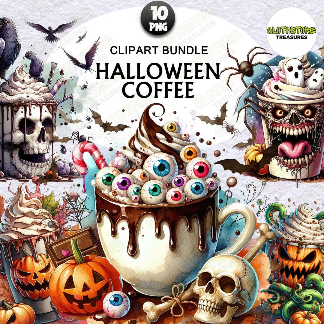 10 Watercolor Halloween Coffee Bundle Clipart, Pumpkin, Witch, PNG ...