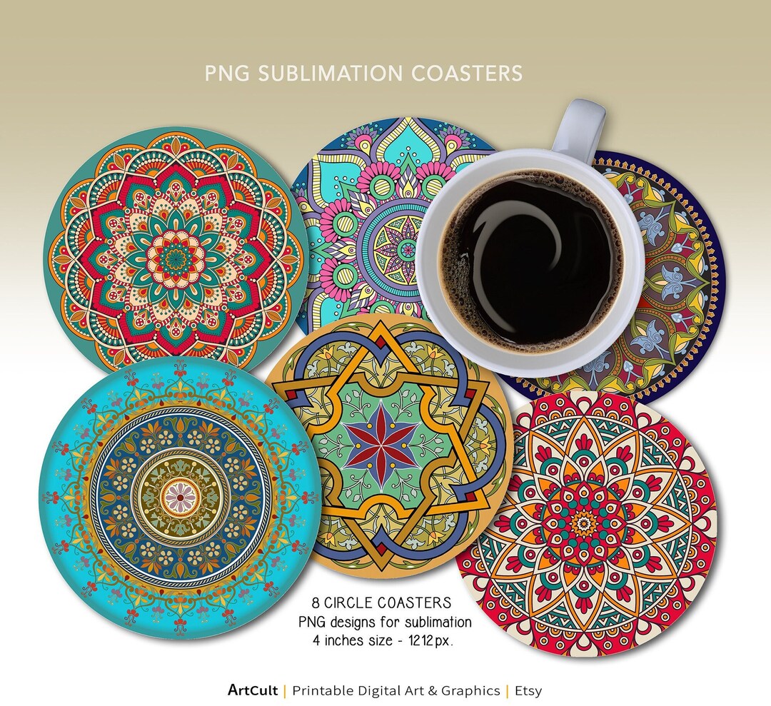 4 Printable Cup Coasters, 8 Round Designs, Sublimation PNG Jpg Instant ...