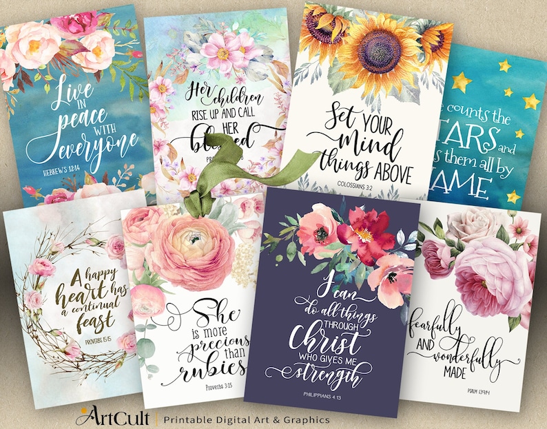 Printable BIBLE VERSES TAGS Scripture Art, Eight 2.5"x3.5" Size Cards ...