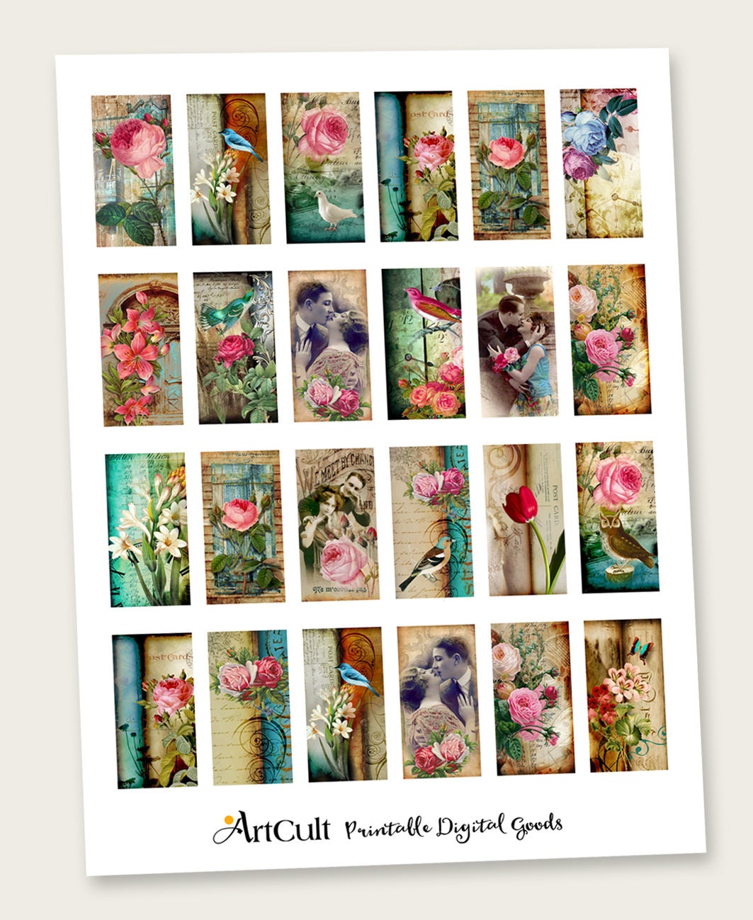 Romantic Domino Images, 1x2 Inch, Floral Collage Sheet (digital ...