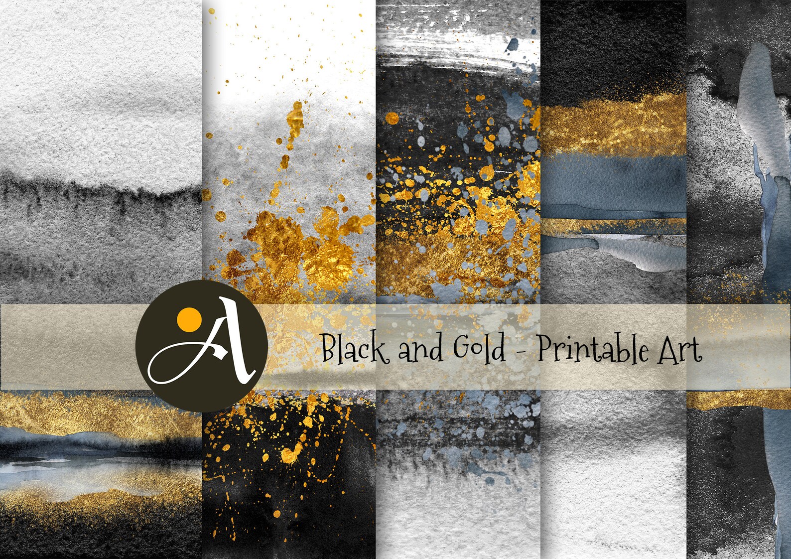 Printable Papers BLACK AND GOLD Artworks 5 Large Digital | Etsy