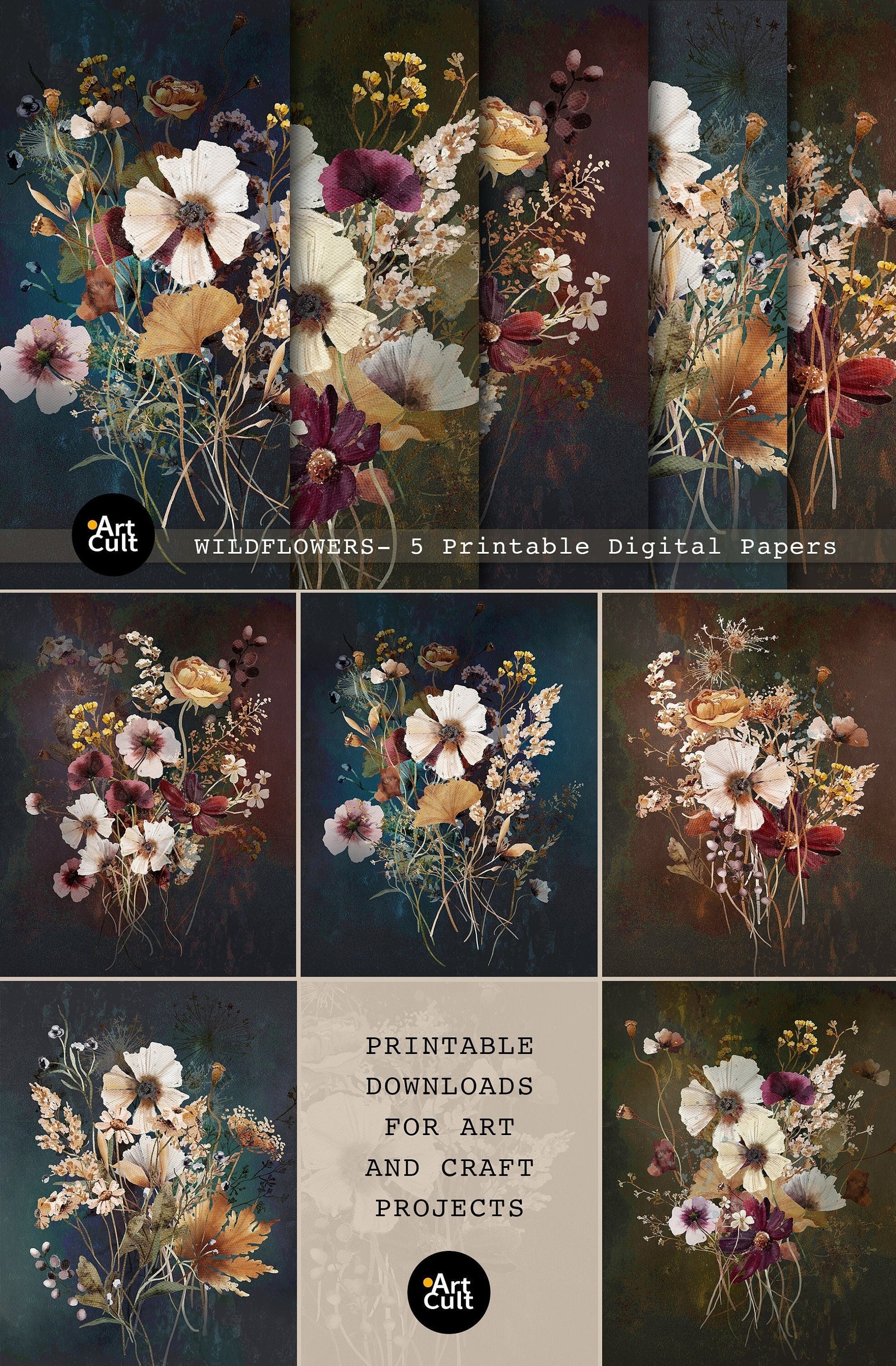 Printable Digital Papers WILDFLOWERS 5 Large Sheets for - Etsy