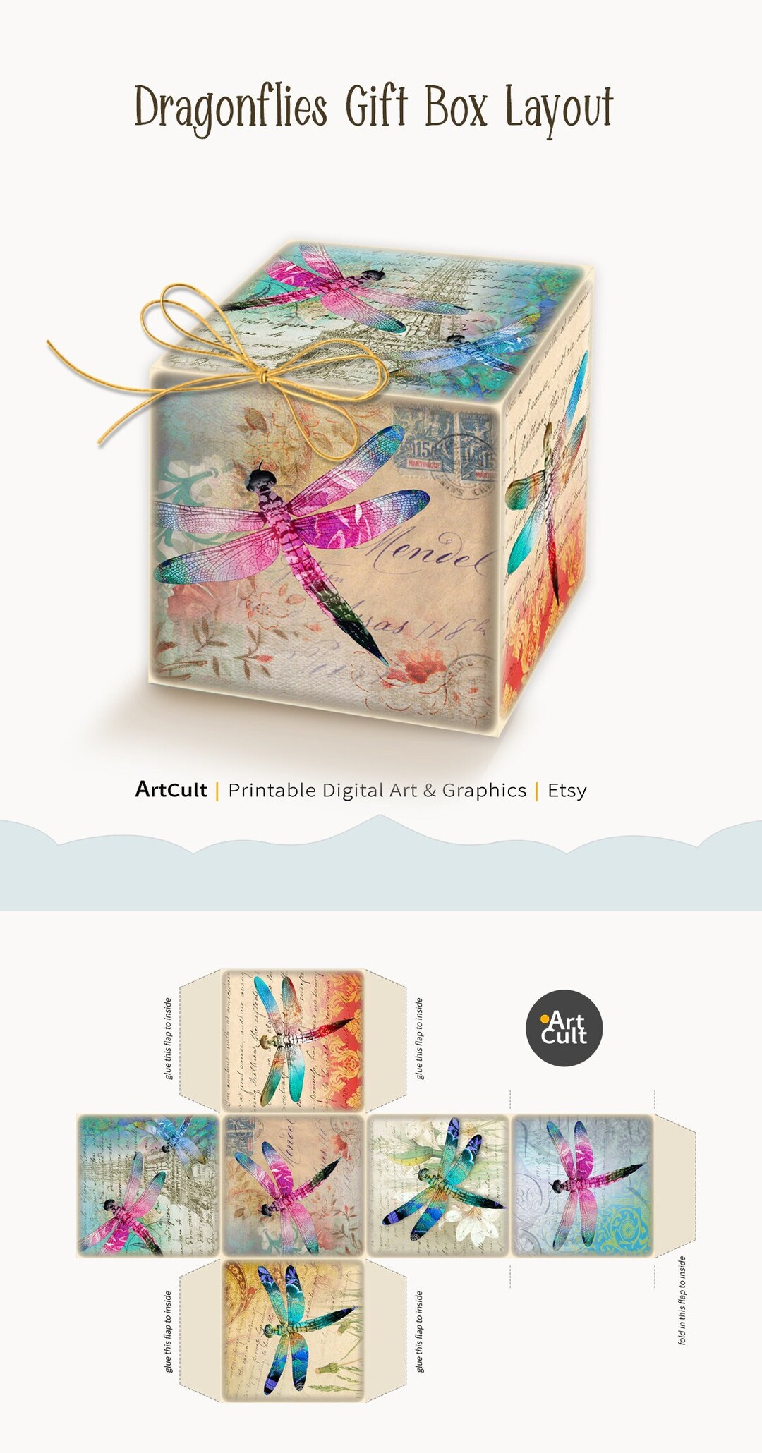 Printable Gift Box DRAGONFLIES, Instant Digital Download Layout, DIY ...