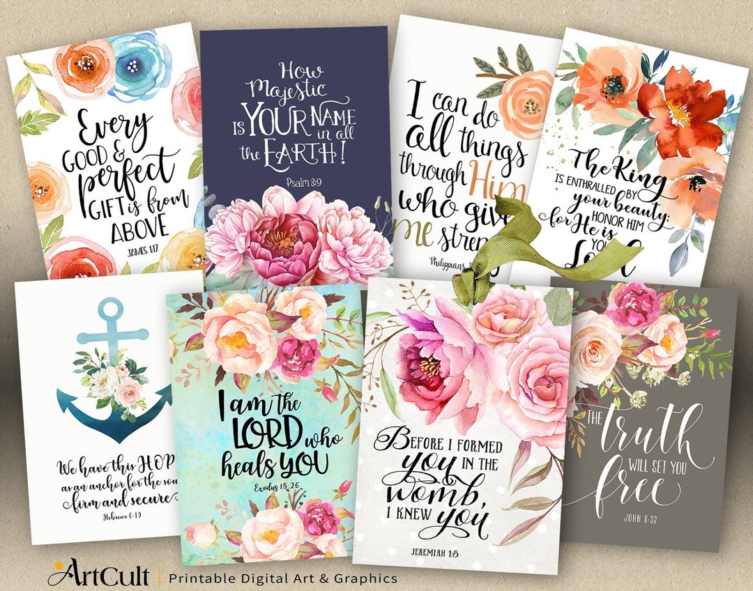 Printable BIBLE VERSES TAGS Scripture Art, Eight 2.5"x3.5" Size Cards ...