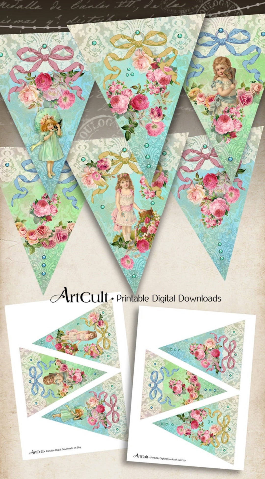 Printable Party Pennants VICTORIAN FANTASY Triangle Banners Digital ...