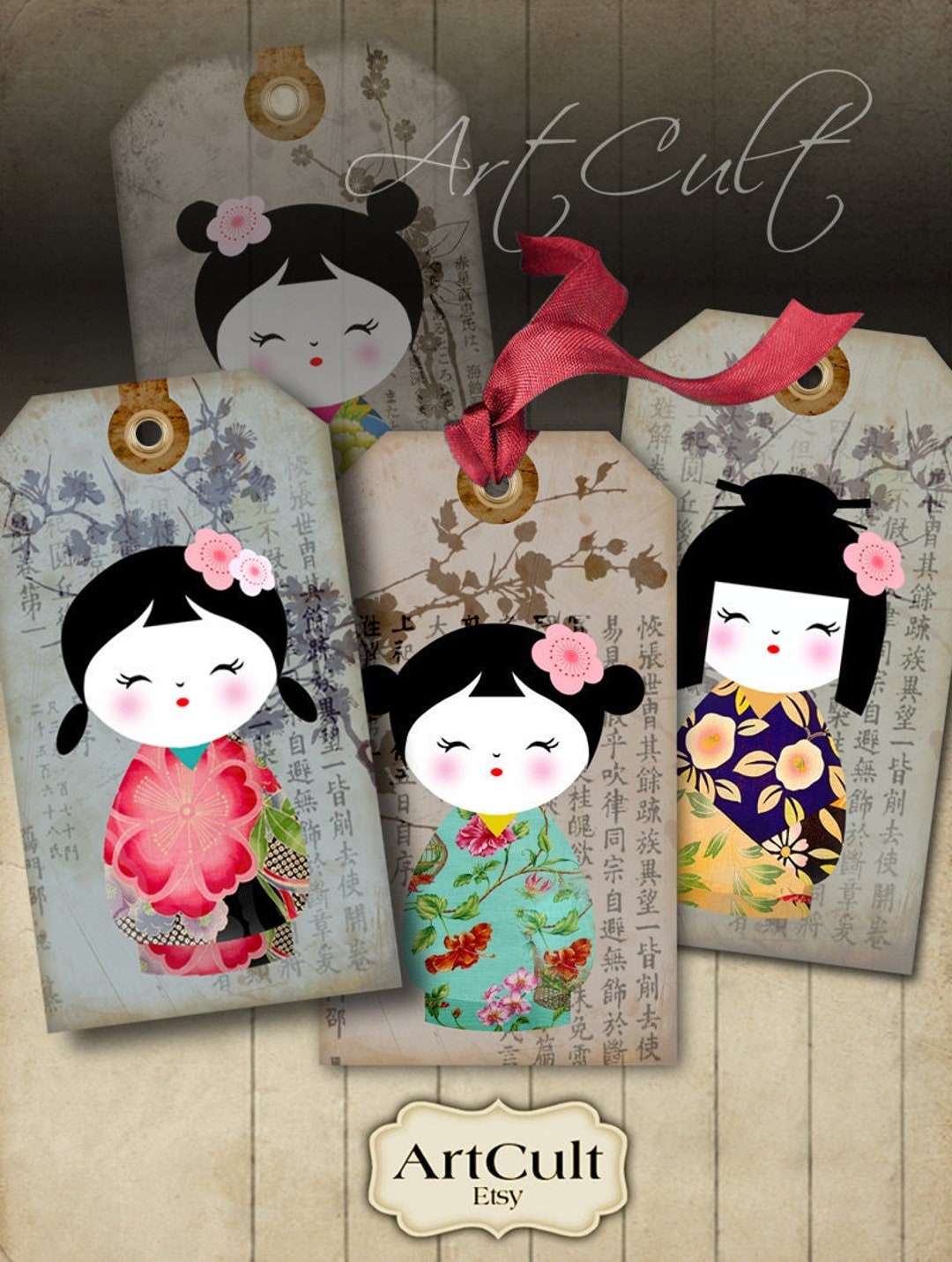 Printable Download KOKESHI GIFT TAGS Traditional Japanese Dolls Digital ...