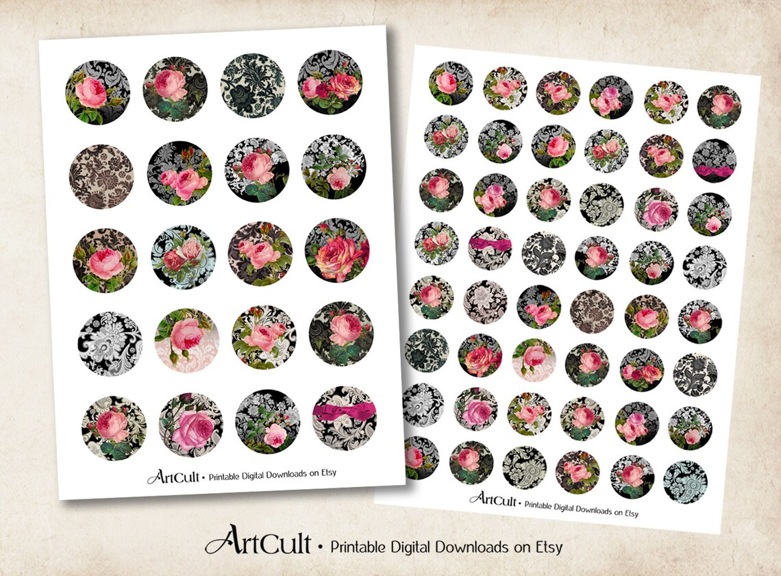 1 Inch 25mm and 1.5 Inch Size Circles DAMASK ROSES Digital | Etsy