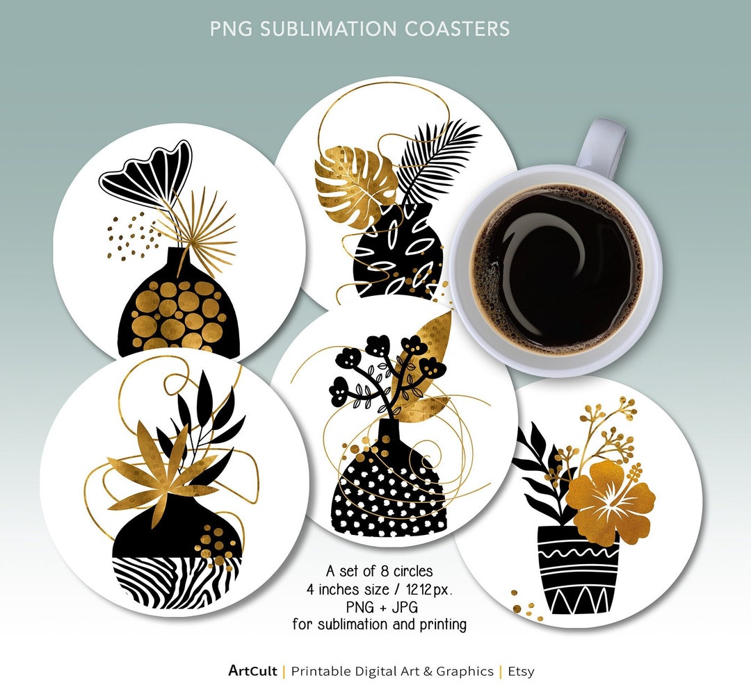 4" Printable Circle Coasters, 8 Designs, Sublimation PNG + Jpg Instant ...