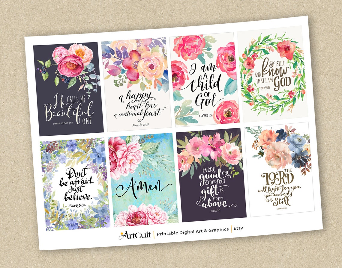 Printable BIBLE VERSES TAGS Scripture Art, Eight 2.5"x3.5" Size Cards ...