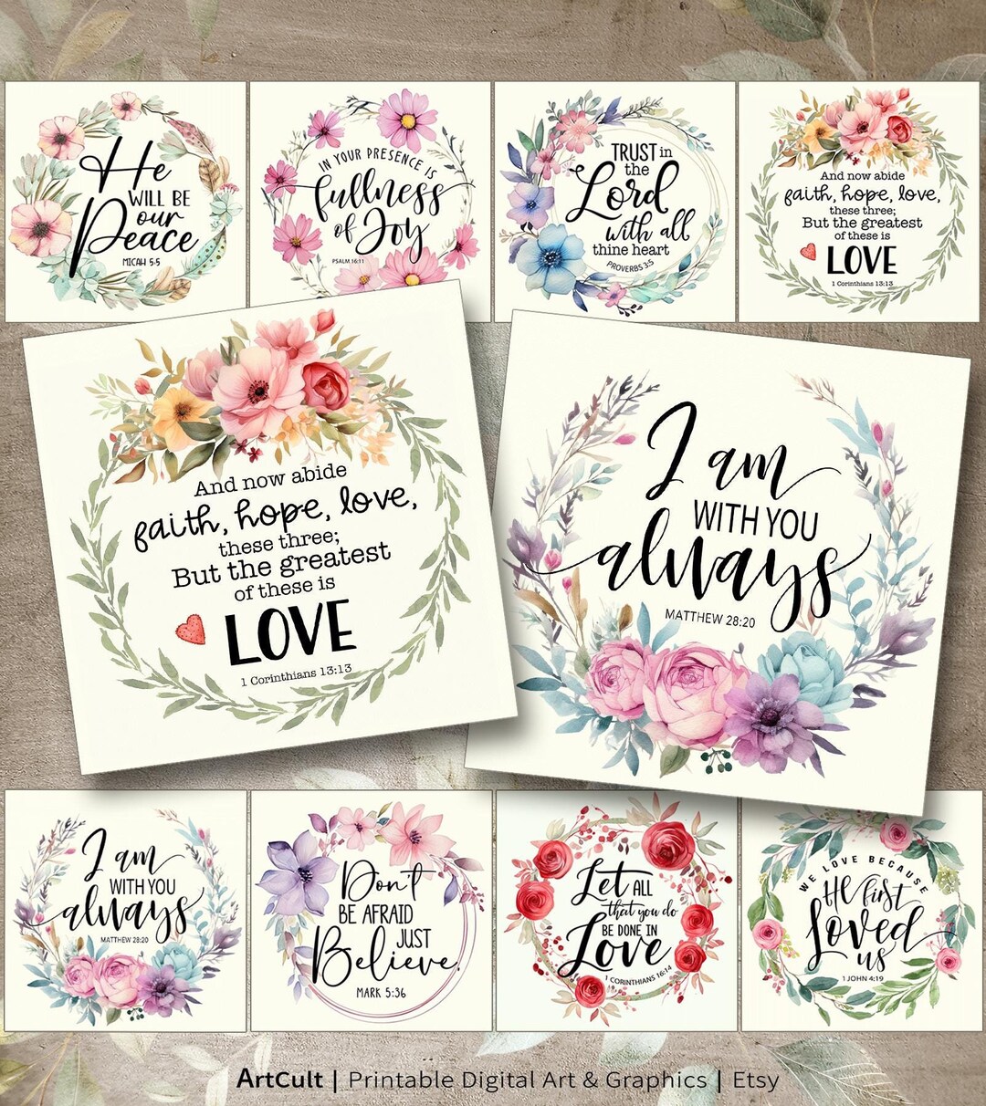 Floral Bible Verse Prints, Christian Art, 4x4" Inspirational Quotes ...