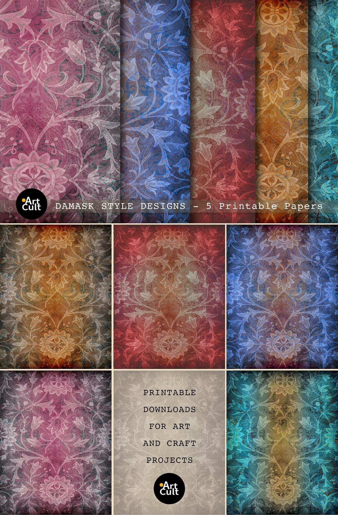 Printable DAMASK STYLE Digital Papers, 5 Large Sheets for Craft and Art ...