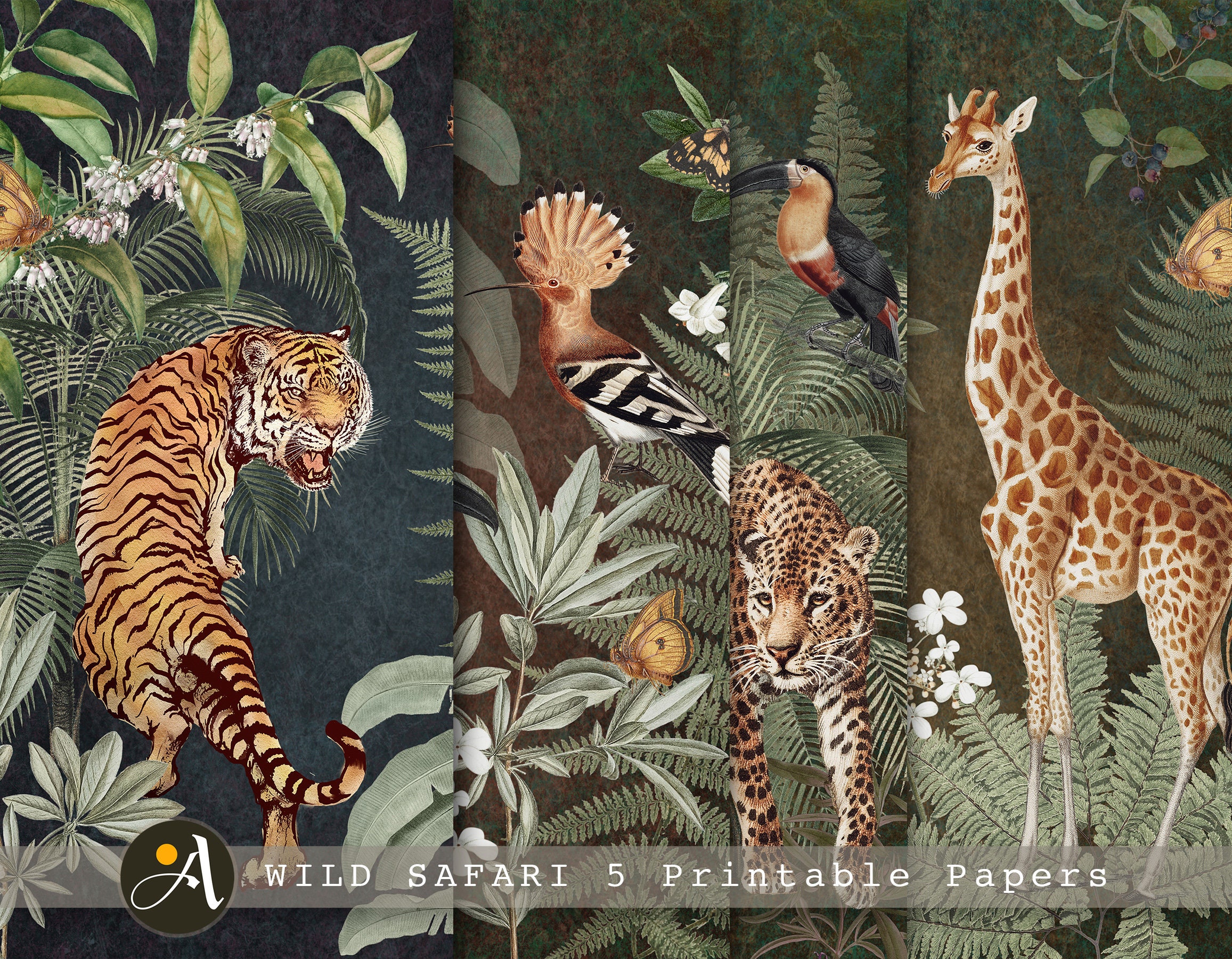 Printable Digital Papers WILD SAFARI 5 Large Sheets for Craft - Etsy