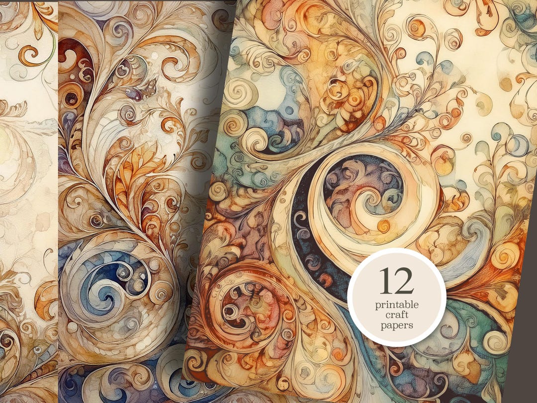 12 Printable Craft Papers, Swirl Patterns, PNG Files, Digital Download ...