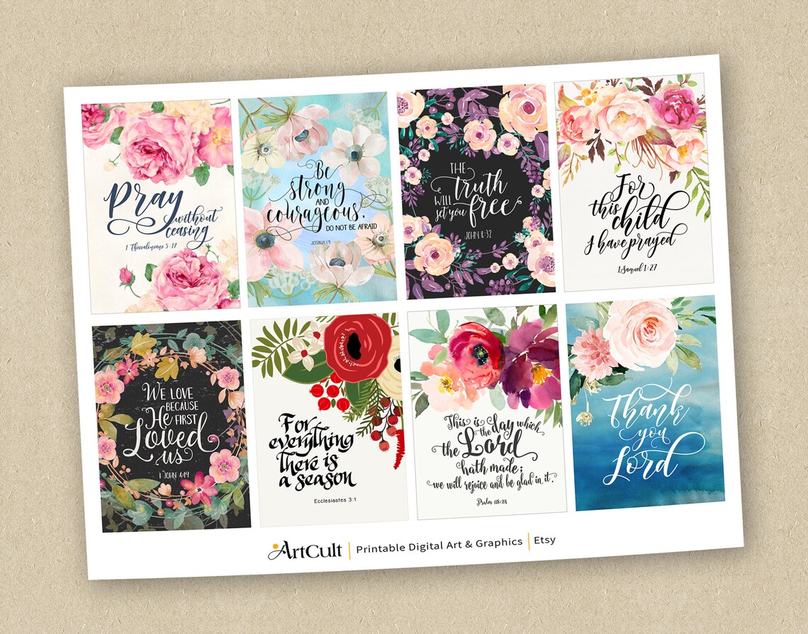 Printable BIBLE VERSES TAGS Scripture Art, Eight 2.5"x3.5" Size Cards ...