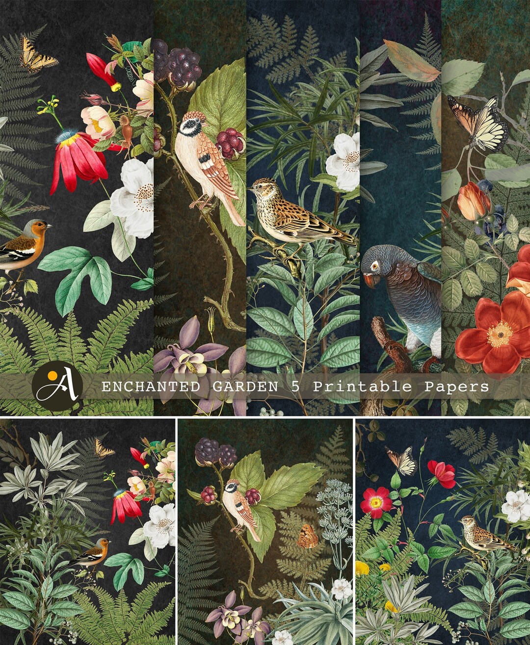 Printable Digital Papers ENCHANTED GARDEN 5 Large Sheets for Craft ...