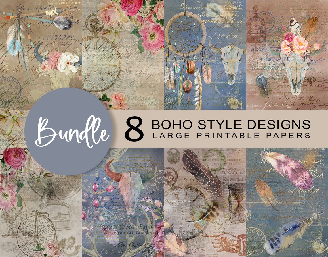 Printable BUNDLE Set of 8 Unique BOHO CHIC Large - Etsy