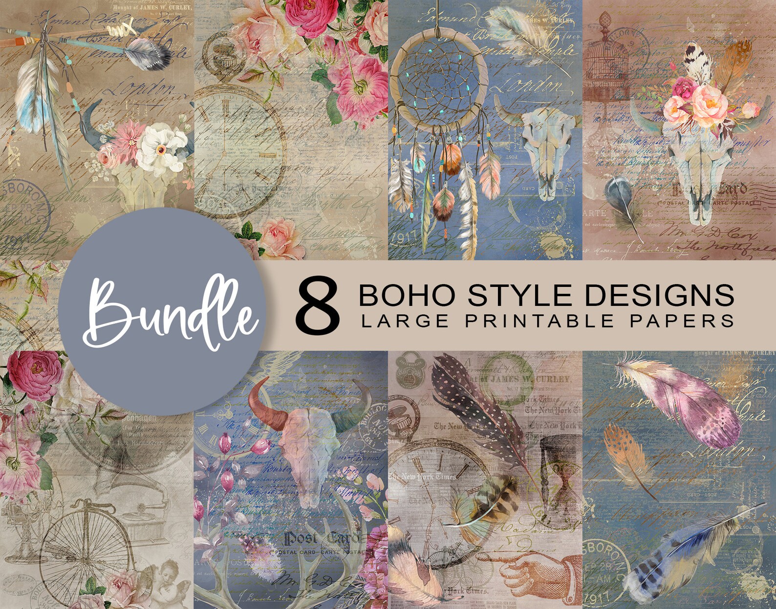 Printable BUNDLE Set of 8 Unique BOHO CHIC Large - Etsy