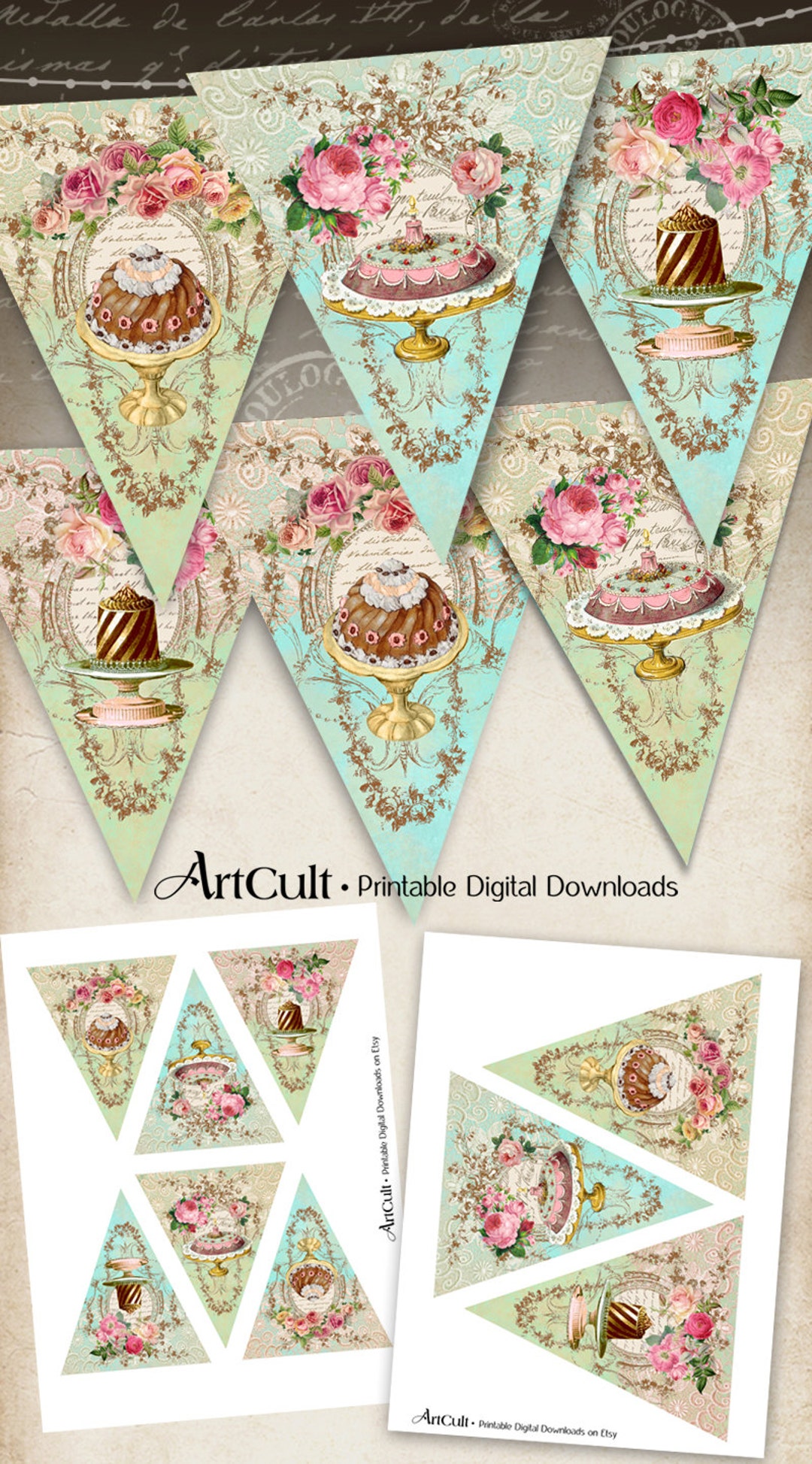 Printable Party Pennants VICTORIAN CONFECTIONERY Triangle Banners ...