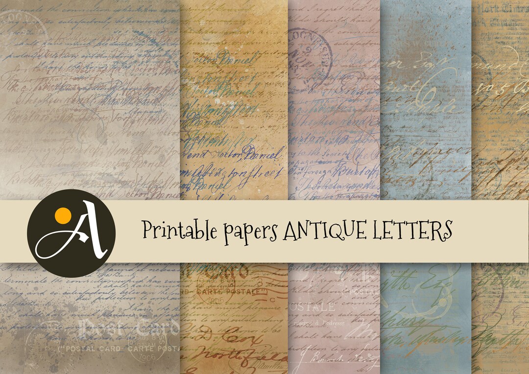 Printable Digital Paper Textures ANTIQUE LETTERS, 5 Large Sheets for ...