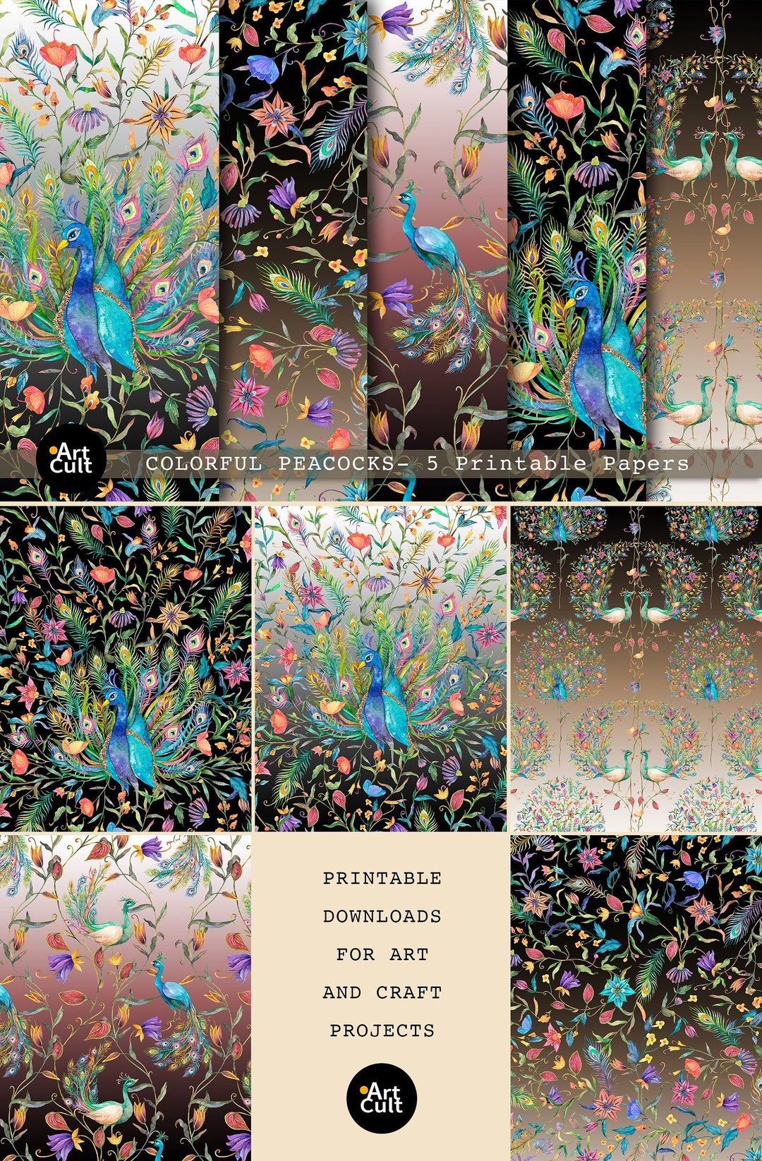 Printable Digital Papers COLORFUL PEACOCKS - 5 Large Sheets for Craft ...