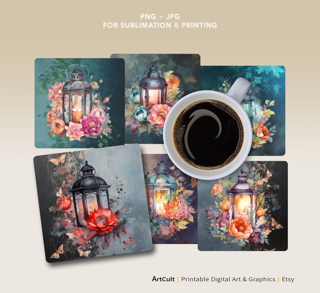4x4 Printable Coasters, 8 Designs, Sublimation PNG JPEG Instant Digital ...