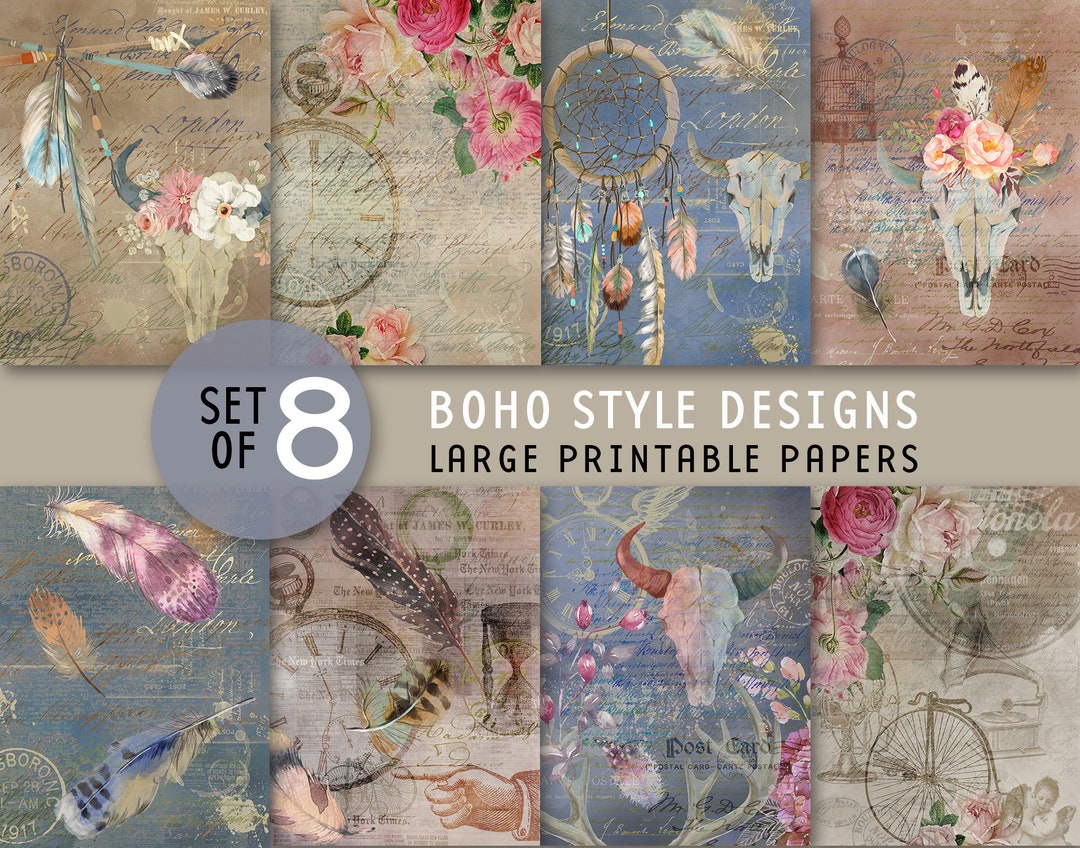 Printable BUNDLE Set of 8 Unique BOHO CHIC Large 8.5x11 Inch Size ...