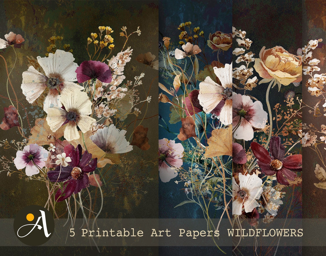 Printable Digital Papers WILDFLOWERS 5 Large Sheets for | Etsy