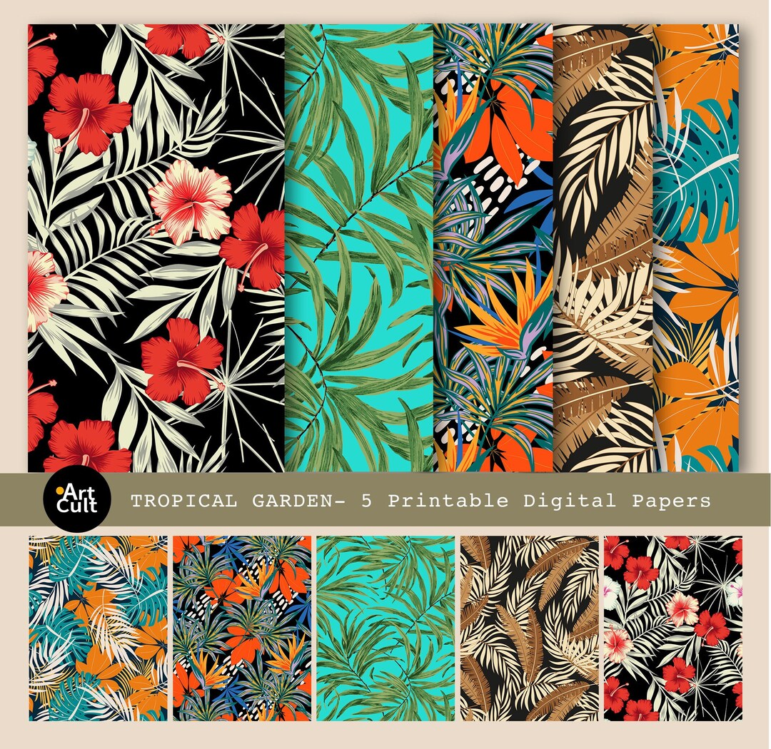 Printable Digital Papers TROPICAL GARDEN 5 Large Sheets for - Etsy
